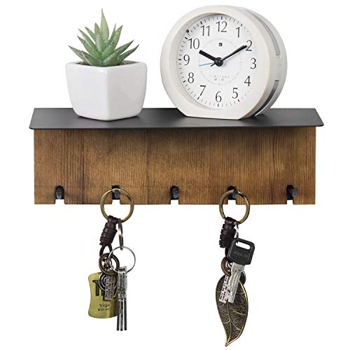 MyGift Entryway Shelf Rack with 5 Key Hooks, Wall-Mounted Burnt Solid Wood and Matte Black Decorative Shelf