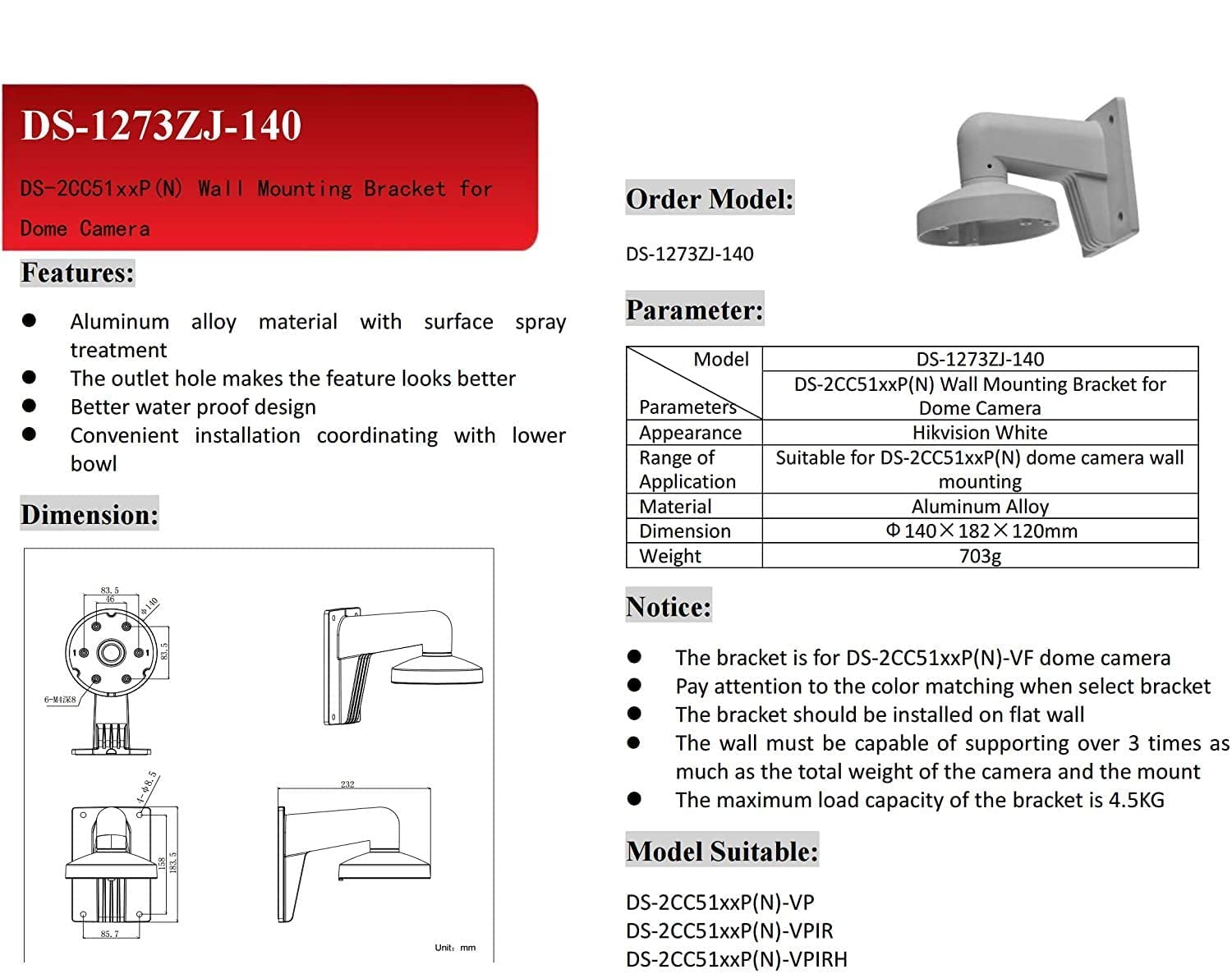 Real HD PC140 WMS WML DS-1273ZJ-140 LTB342-140 Wall Mount Bracket for Hik Vision DS-2CD2347G2-LU, DS-2CD2387G2-LU