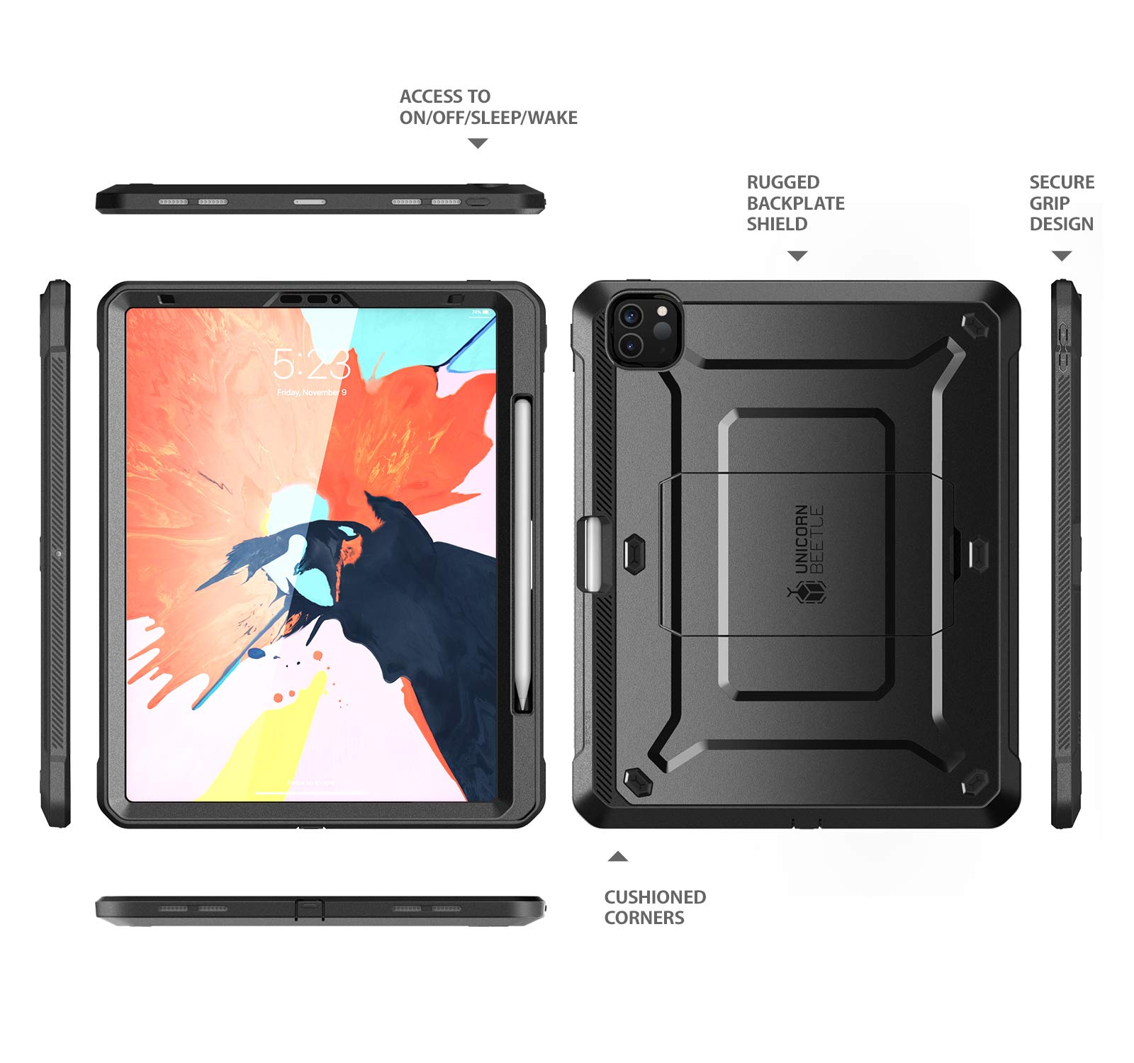 SUPCASE UB Pro Series Case for iPad Pro 12.9 inch for 2020 Release only, Support Apple Pencil Charging with Built-in Screen Protector Full-Body Rugged Kickstand Protective Case (Black)