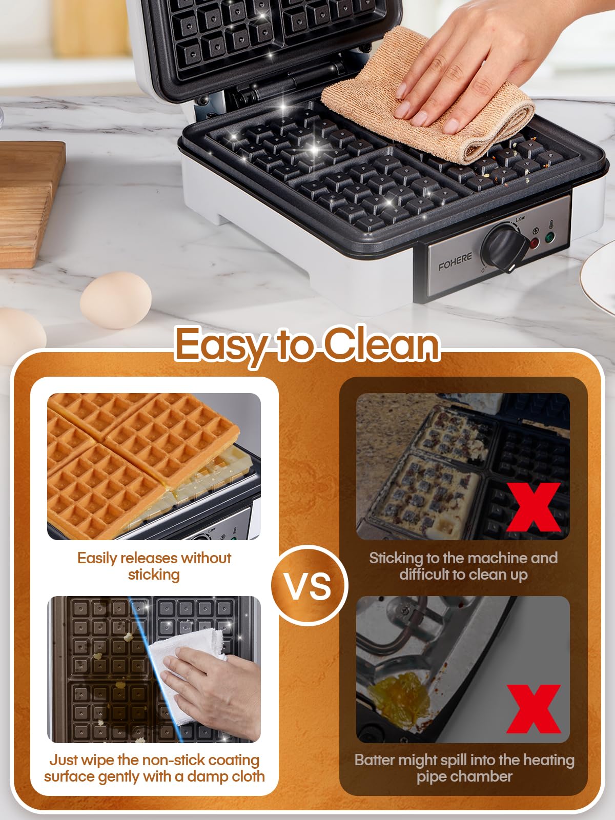 FOHERE Belgian Waffle Maker 4 Slices, 1200W Square Waffle Iron, 5 Browning Levels, Nonstick Plates, Cool-touch Handle, Anti-scald, Anti-overflow, Indicator Lights, Recipe, White