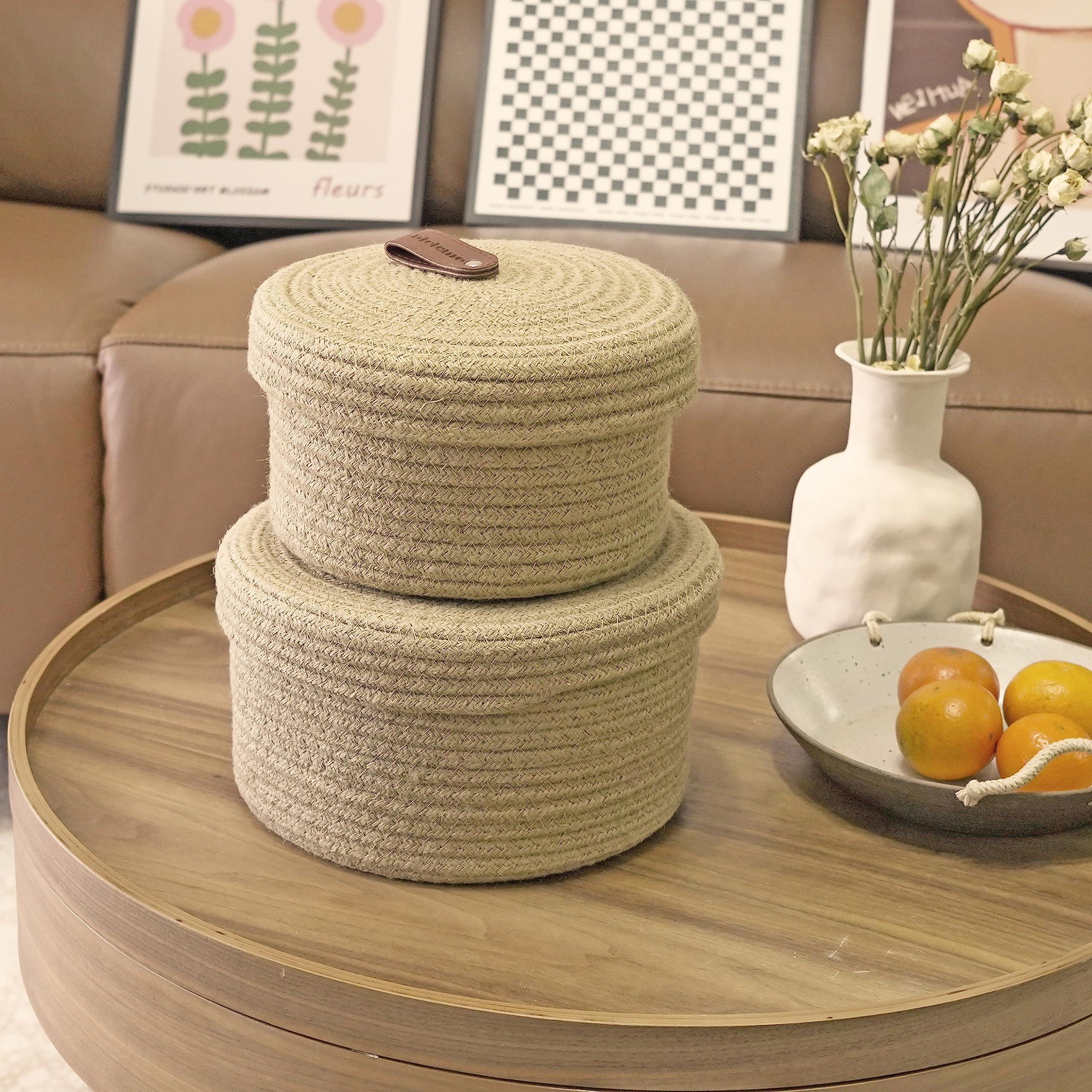 Aplolemo Jute Rope Basket with Lid,Decorative Woven Baskets with Lids,Leather Design Lidded Round Basket,Small Basket with lid,Storage Baskets with Lids-Set of 2(10"x6"/8.5"x5")