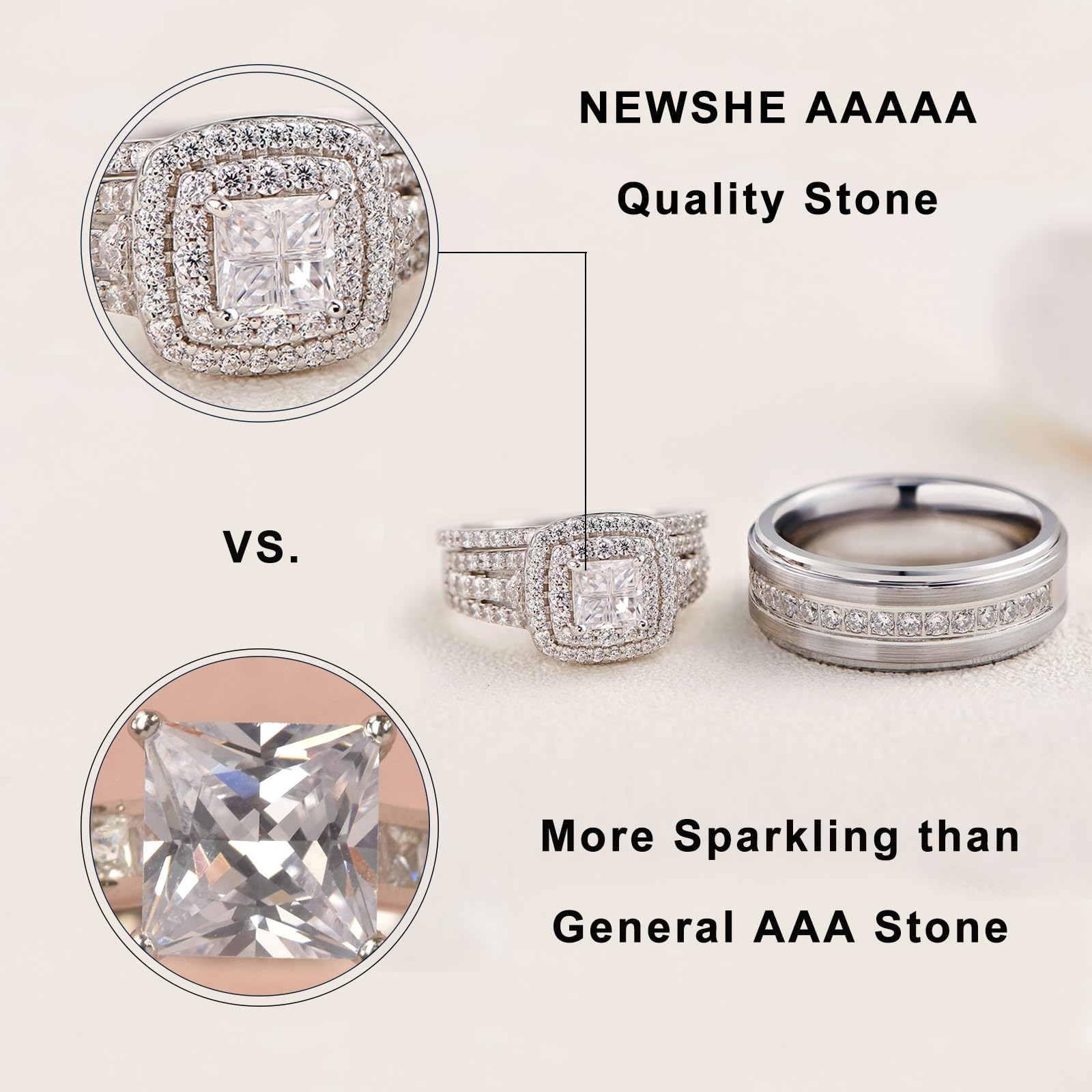 Newshe Wedding Rings Set for Him and Her Women Mens Tungsten Bands Princess Cz 2.3Ct Sterling Silver 7&9