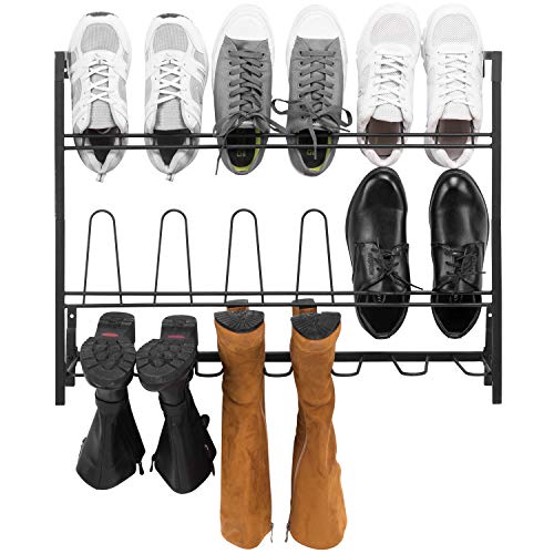 MyGift Premium Black Metal Hanging Wall Shoe Rack for Walk in Closet, Mudroom and Entryway, Wall Mounted Space Saving Boot and Shoe Rack Organizer, Holds 9 Pairs