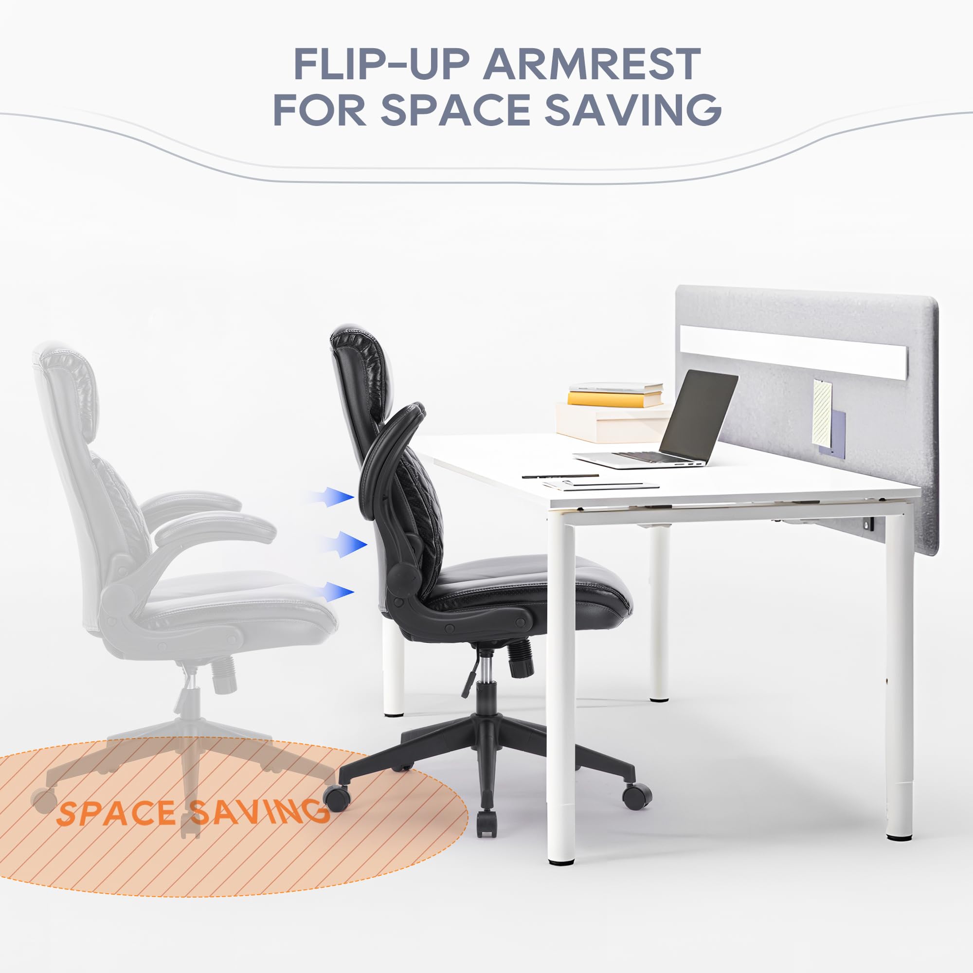 COLAMY Office Desk Chair-Executive Computer Chair, Ergonomic Leather Office Chair with Padded Flip-up Armrests, Adjustable Height Swivel Rolling Work Study Chair for Home Office Conference Room-Black