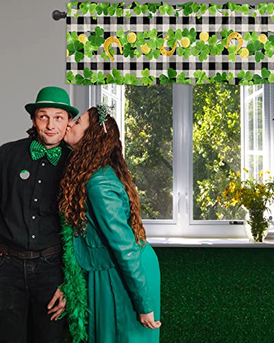 Curtain Valance for Windows St. Patrick's Day Clover Leaf Horseshoe Gold Kitchen Valances Rod Pocket Short Curtains,Black White Plaid Window Treatment Panel for Living Room Bathroom Bedroom 60x18in
