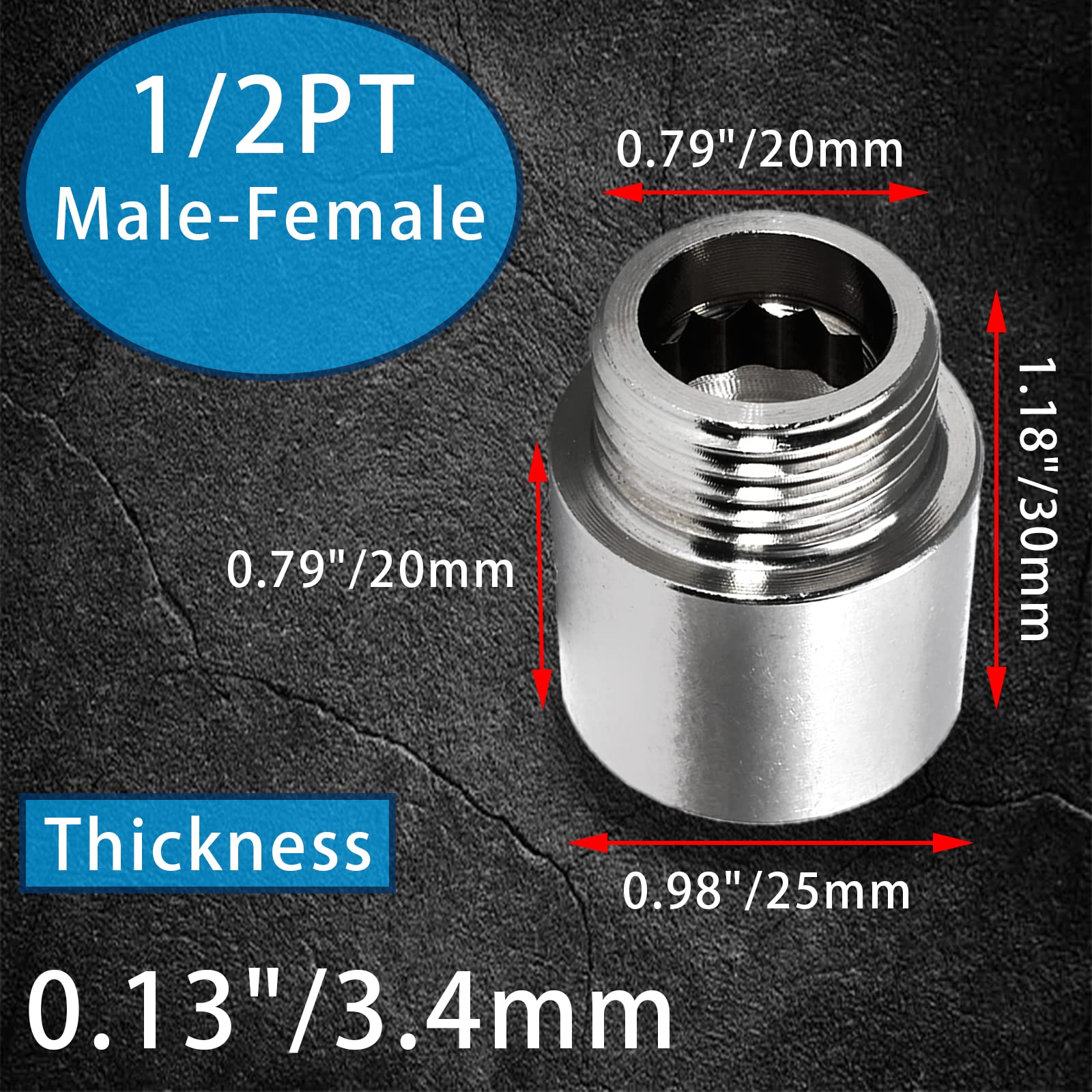 Suiwotin 2pcs 1/2PT Male to 1/2PT Female Thread Shower Head Extension Arm, Stainless Steel 20mm/0.78 Inch Arm Length Shower Head Cast Pipe Fitting Coupler