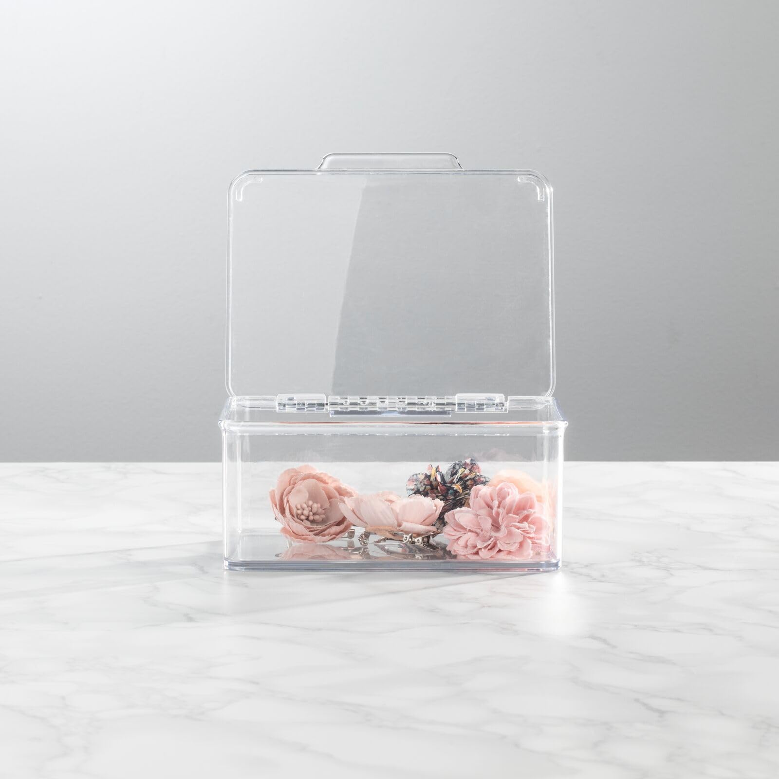 mDesign Plastic Cosmetic Storage Organizer Box Containers, Hinged Lid for Bedroom, Bathroom Vanity Shelf or Cabinet, Holds Masks, Palettes, Nail Polish, Lumiere Collection, 4 Pack - Clear