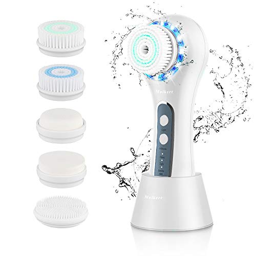 MALKERT Facial Cleansing Brush with 5 Brush Heads, 3 Modes Skin Care Brush Device, Electric Rechargeable Waterproof Face Spin Brush, Massager for Deep Cleansing and Scrubbing, Exfoliating