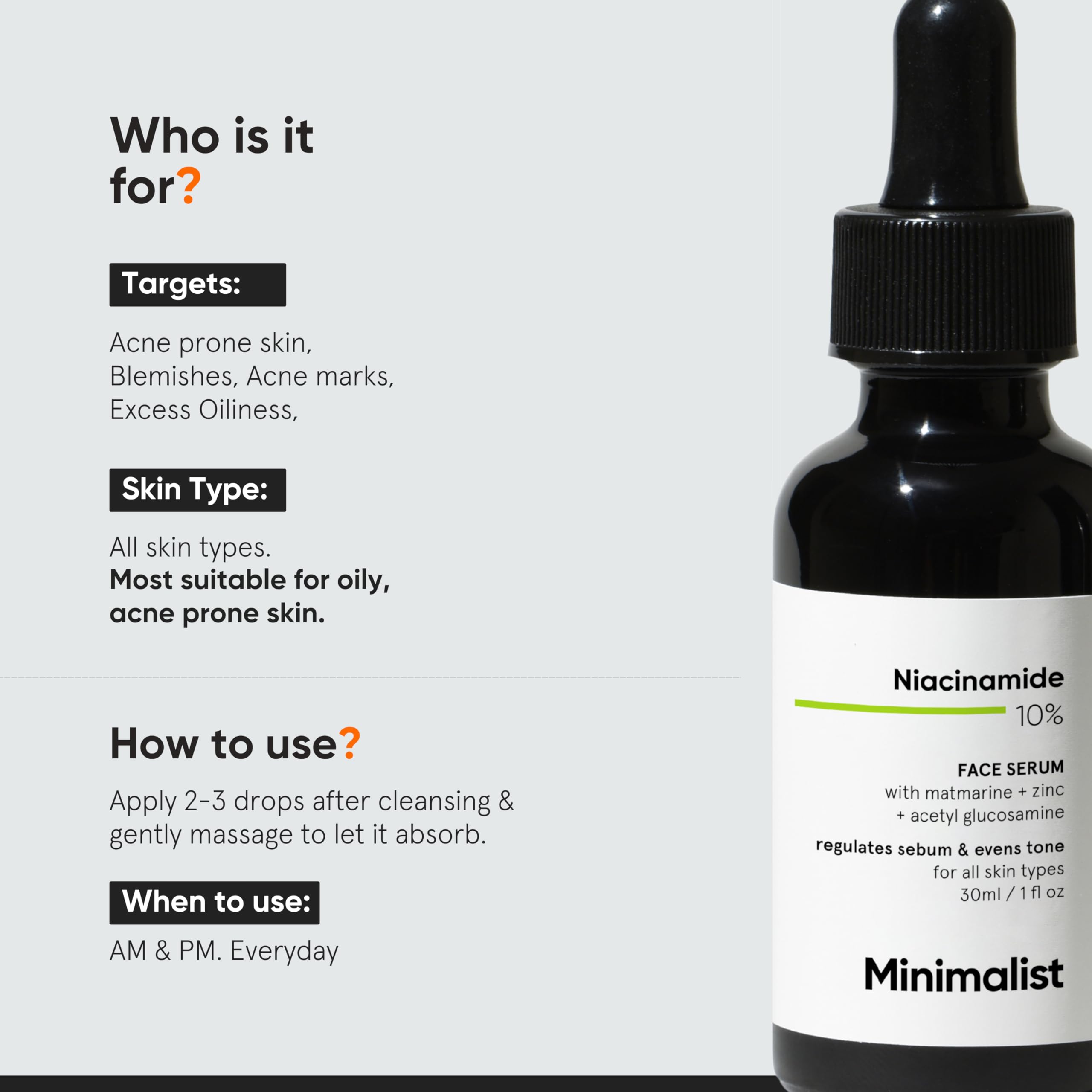 Minimalist 10% Niacinamide Face Serum for Acne Control & Oil Balancing with Zinc | Pore Minimizer for Face | Clears Acne Marks & Blemishes for Even Skin Tone | For Women & Men | 1 Fl Oz / 30 ml