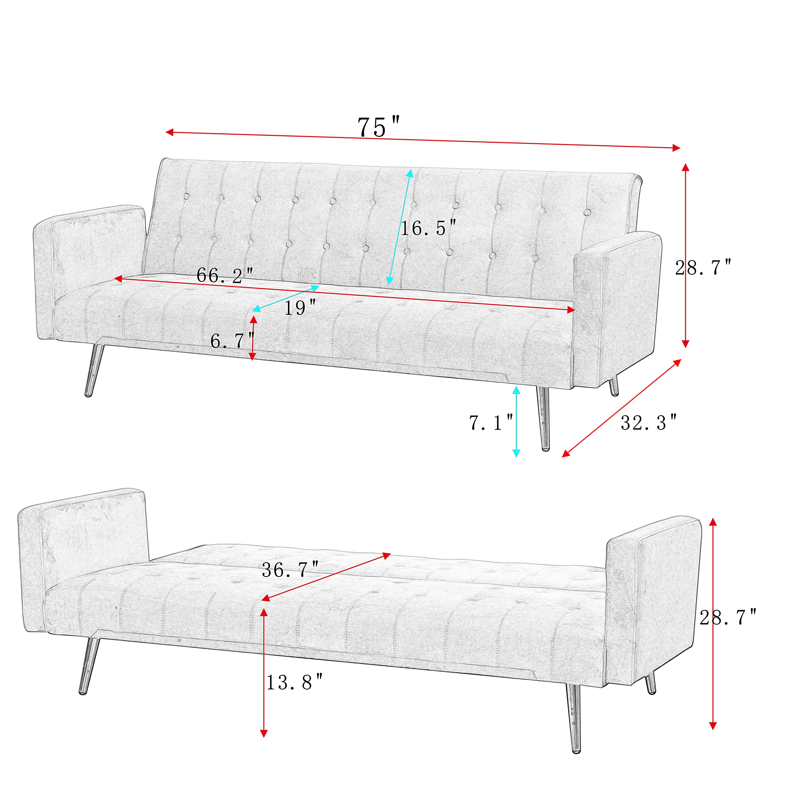 75" Futon Sofa Bed,Sleep Sofa,Modern Folding Futon Set,Velvet Convertible Recliner Lounge for RV,Small Apartment,Living Room,500 lbs Capacity