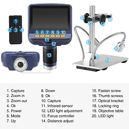 Koolertron 4.3 inch LCD Digital Microscope,10X-220X Magnification Zoom Coin Microscope,8 LED Adjustable Light &Fill Lights,1080P Camera Video Microscope for PCB/Watch Repairing/Plant/Rock Observing