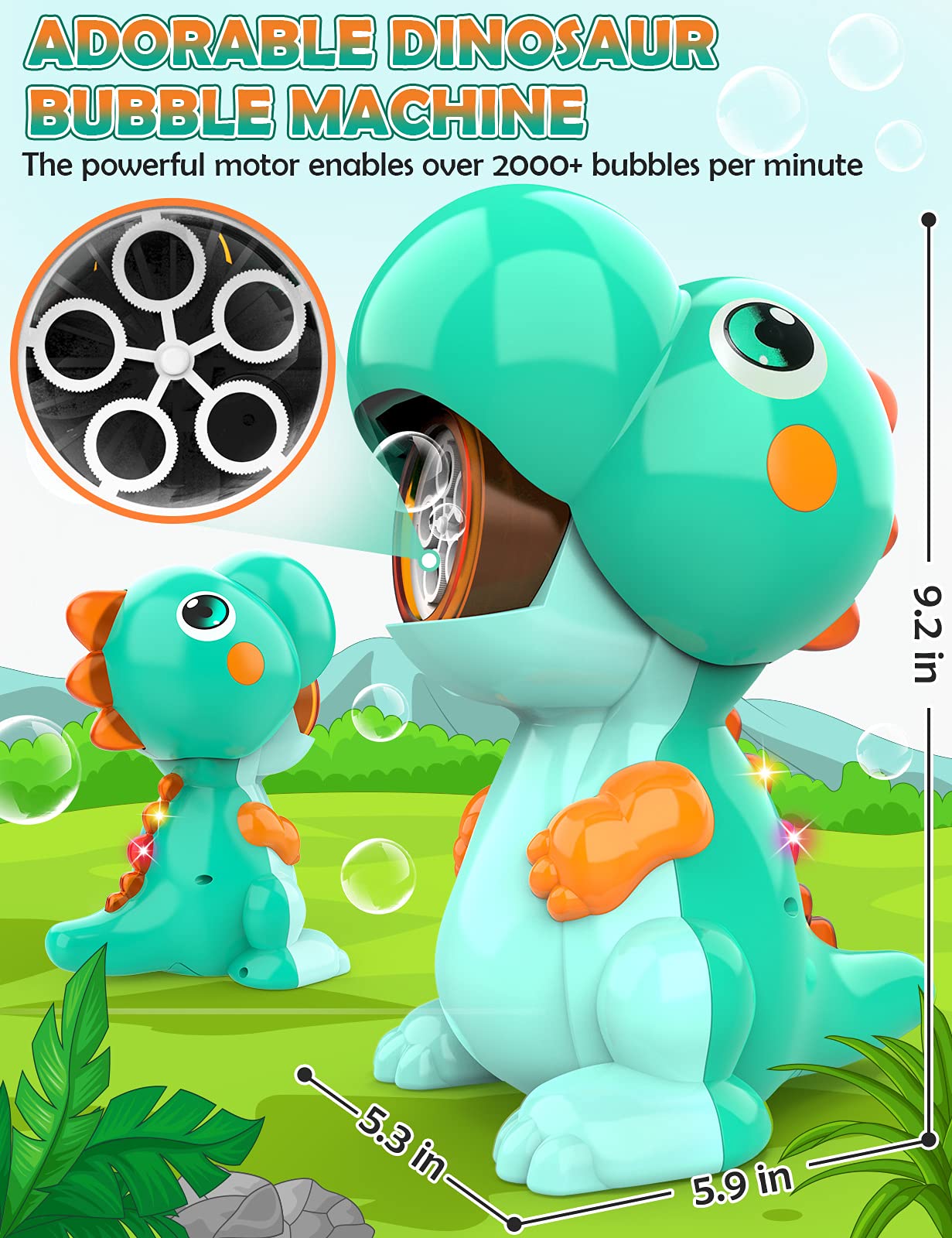 EduCuties Bubble Machine for Kids, Dinosaur Toys Automatic Bubble Blower Maker with Solutions for Toddlers Ages 4-8 Outdoor Toy for 3 4 5 6 Year Old Boys Girls Birthday Gift Present- Green