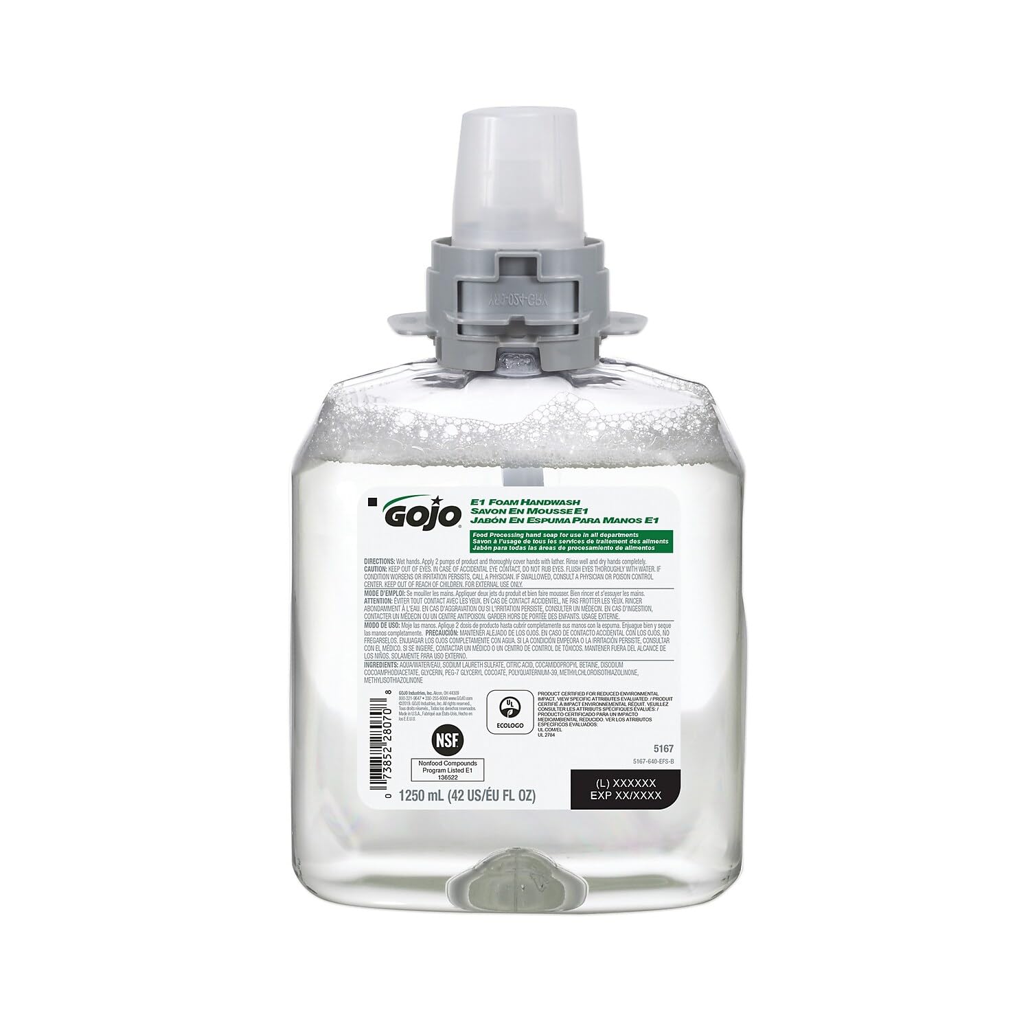 GOJO E1 Foam Handwash, Fragrance Free, 1250 mL Handwash Refill FMX-12 Push-Style Hand Soap Dispenser (Pack of 4) - 5167-04