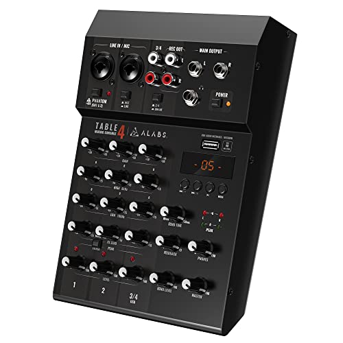 4 Channel Audio Mixer, ALABS DJ Mixer Sound Board for PC, Karoake Mixer Amplifier Mixer Audio, Podcast Mixer, XLR Interface Mixing Console with OP-AMP/Mic Preamps/Phantom/2-band EQ, TABLE4