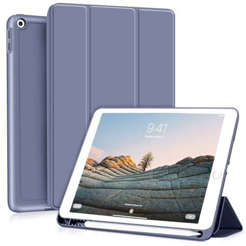 KenKe for iPad 9.7 Inch 6th / 5th Gen Case with Pencil Holder, Model A1822 / A1823 / A1893 / A1954, Trifold Stand & Soft TPU Back, Slim Protective Cover for iPad 6th Gen, Auto Sleep/Wake, Purple