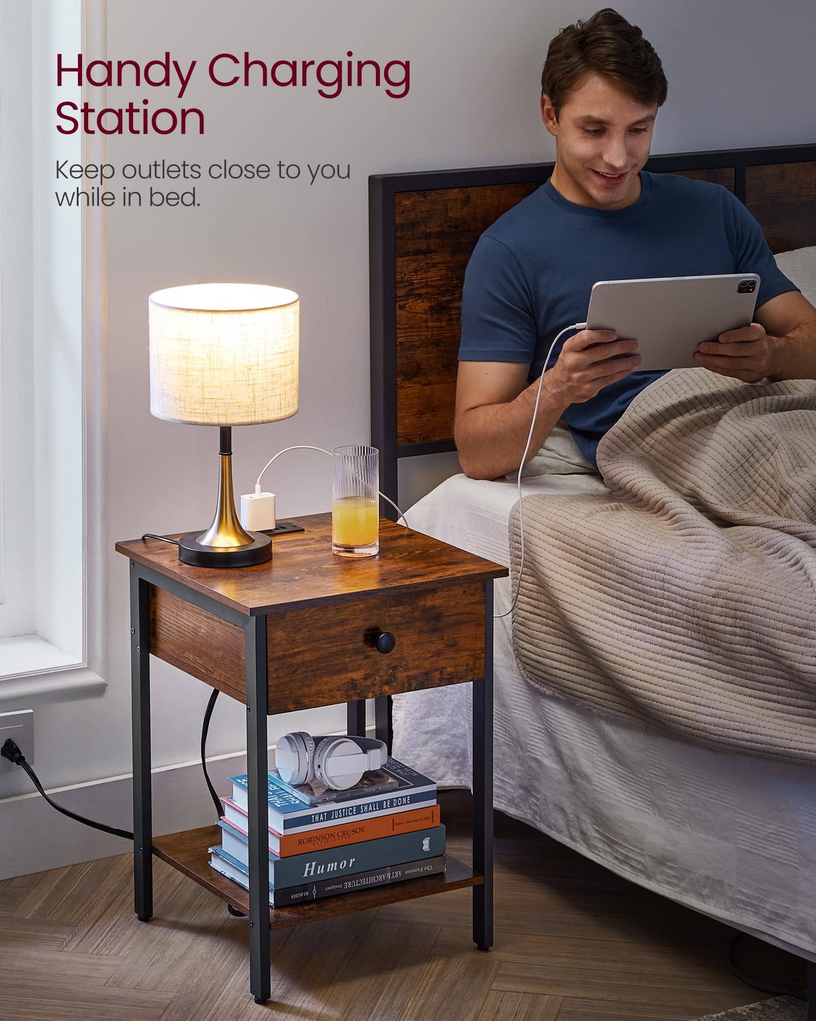 VASAGLE Nightstand with Charging Station, Side Table with Drawer and Open Shelf, End Table, for Bedroom, Easy Assembly, Industrial, Plug-in Series, Rustic Brown and Black ULET513B01