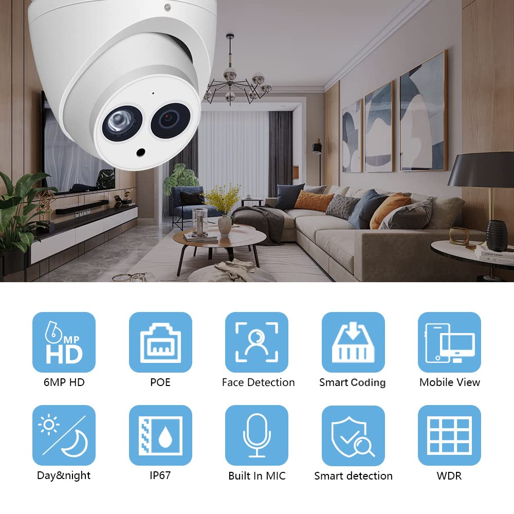 PANOEAGLE 6MP HD POE IP Camera, All-Metal Eyeball Dome Camera with Built-in MIC, 165ft Smart IR Night Vision, WDR ,DNR, IP67