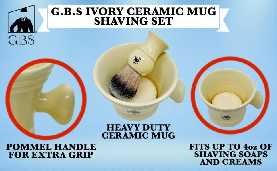 G.B.S Heavy Duty Ceramic Ivory Shaving Set - Mug with Knob Handle, Faux Ivory Handle Shaving Brush and Natural Shave Soap