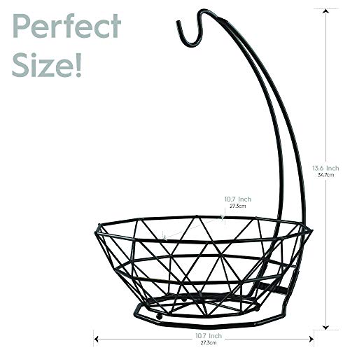 CuttleLab Fruit Basket with Banana Hanger (Black, 1-Tier), Fruit Bowl with Banana Holder, Fruit Bowl for Kitchen Counter used as Bread Basket, Vegetable Basket, Fruit Stand,Egg Holder with Banana Tree