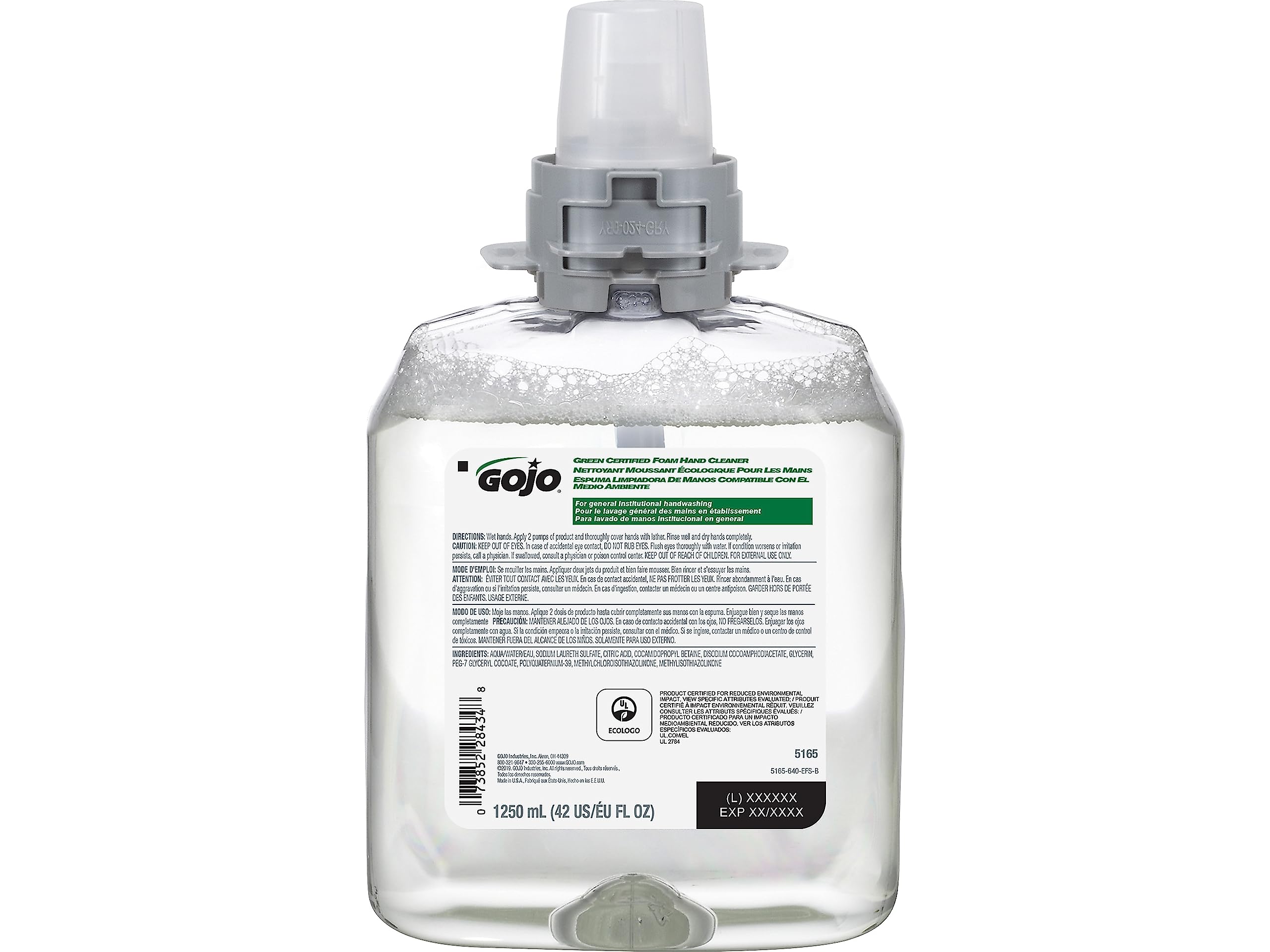 GOJO Green Certified Foam Hand Cleaner, Fragrance Free, 1250 mL Hand Soap Refill FMX-12 Push-Style Dispenser (Pack of 4) - 5165-04