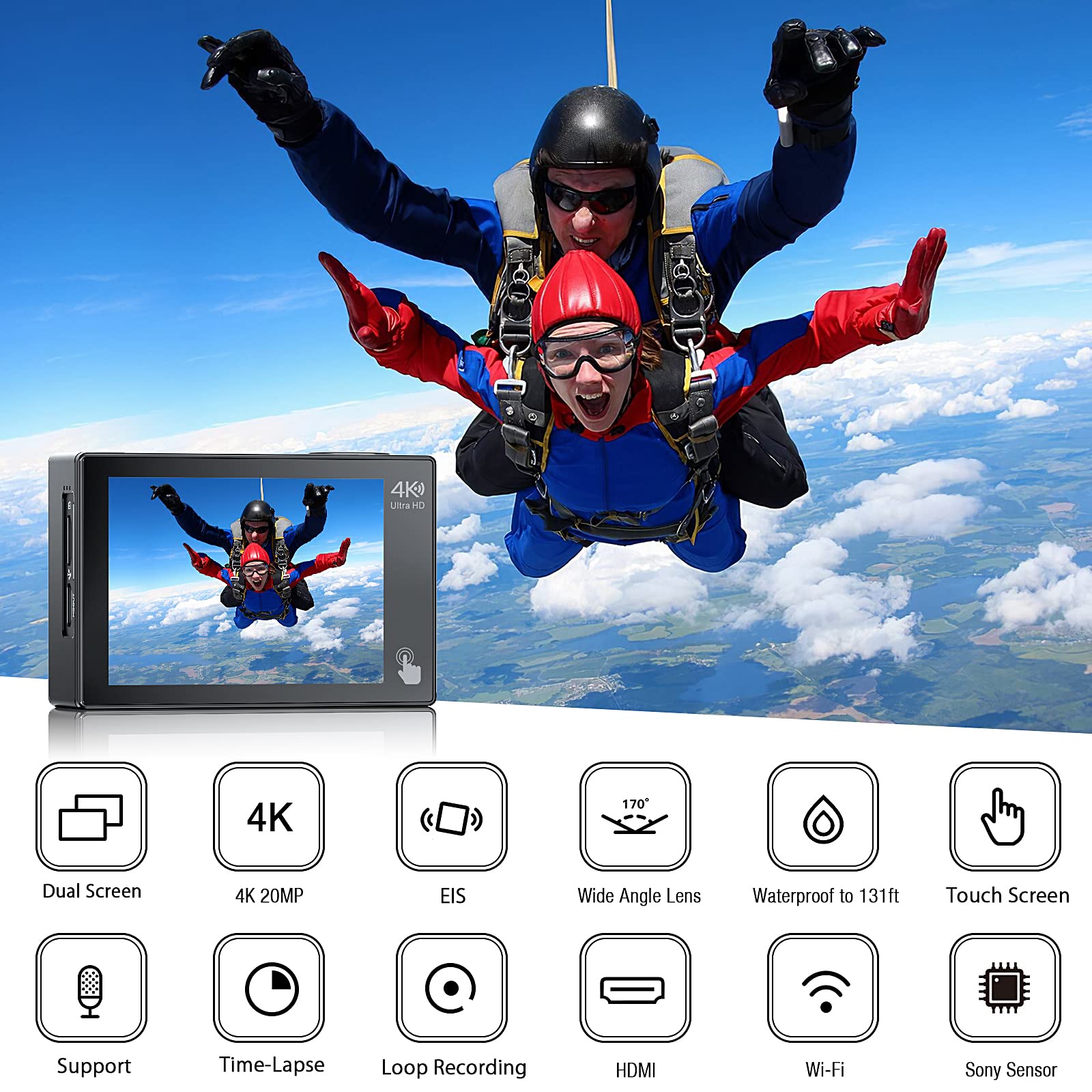 Action Camera 4K 20MP WiFi Waterproof Camera with Dual Screen, EIS, Sony Sensor, Remote Control, 131 Feet Underwater Camera with 2 1350mAh Batteries and Mounting Kits