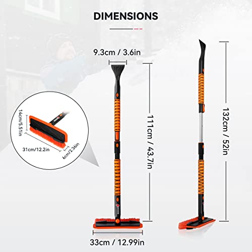 Andeman 52" Extendable Snow Brush and Ice Scraper Car Windshield, Foam Grip, 180° Pivoting Brush Head, Ice and Snow Remover for Cars Trucks RV SUV, House Window and Roof