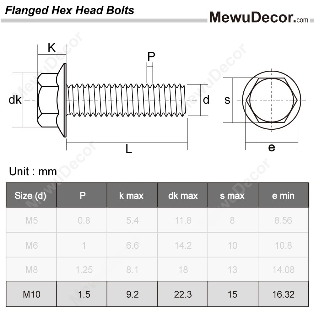 M10-1.5 x 25mm Flanged Hex Head Bolts Flange Hexagon Screws, Stainless Steel 18-8 (304), Plain Finish, DIN 6921, 10 PCS