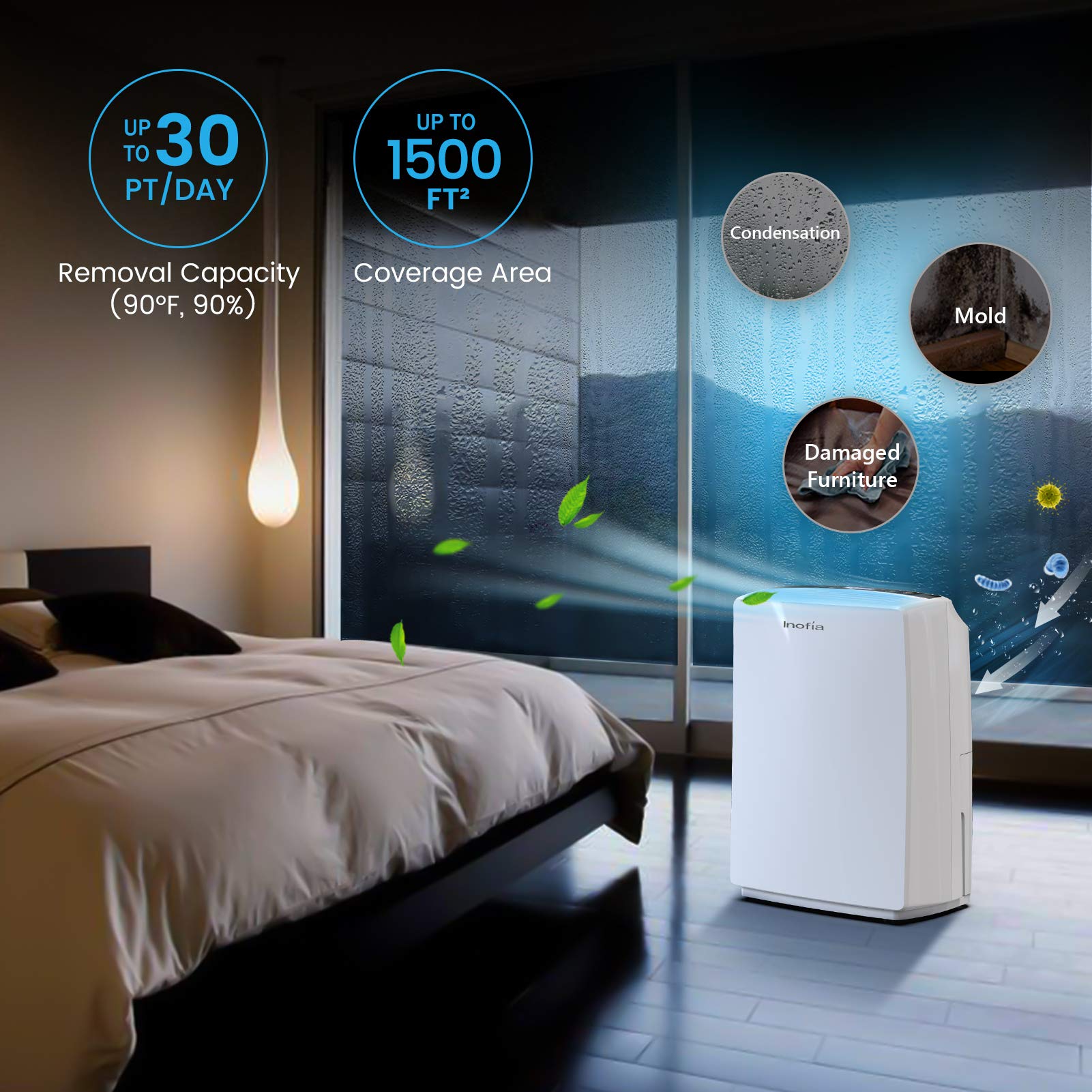 30 Pint Dehumidifier for Home Bedroom/Kitchen/Living Room/Bathroom, Compact Electric Dehumidifiers for Quiet & Efficient Intelligent Humidity Control on Small/Medium Rooms up to 1000 sq ft with