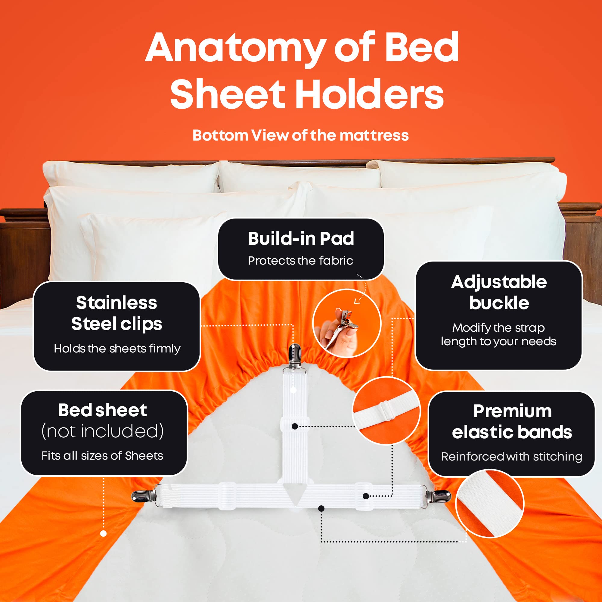 5 STARS UNITED Bed Sheet Straps Set, Elastic Fasteners with Metal Clips, Sheet Holders for Corners, Fitted Sheet Clips to Hold Sheets in Place, Bed Sheet Clips with Adjustable Bed Bands (8 Pcs White)