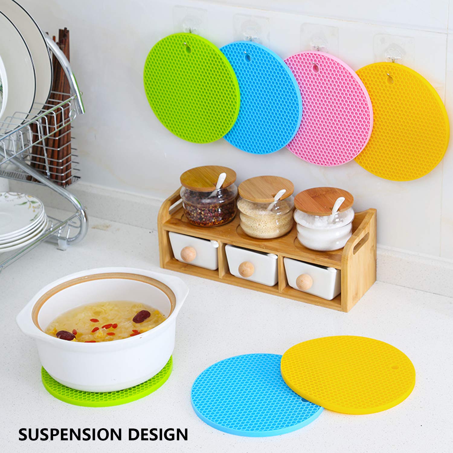 6 Pack Silicone Trivets Pot Mat Round,Pan Pot Holders Set Heat Resistant-Resistant (440ºF) & Eco-Friendly,Insulation,Non Slip Silicon Hot DishTrivet for Kitchen DiningTable Countertop,with 8 hooks