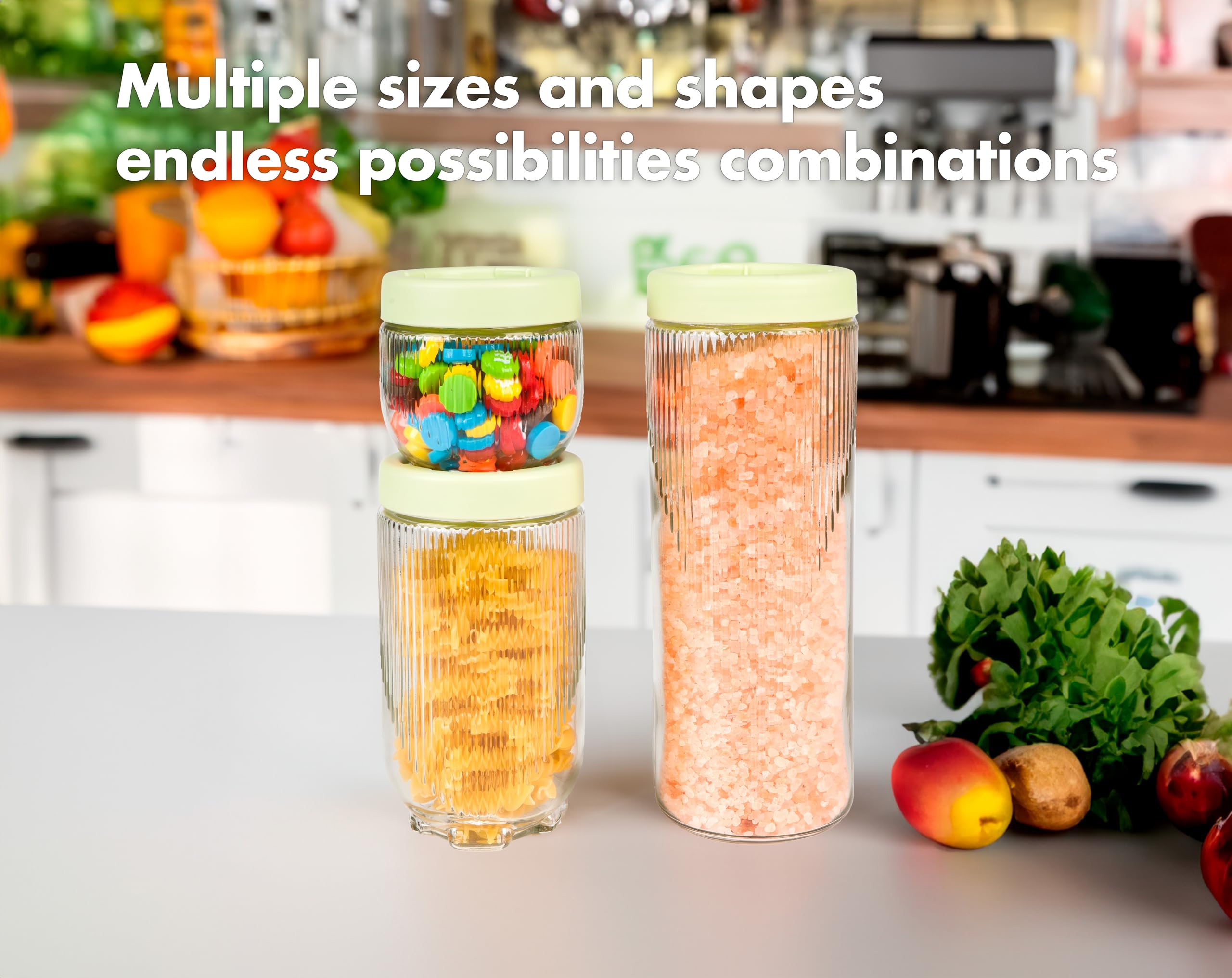 6 Pack Stackable Glass Airtight Food Storage Jars, Overnight Oats Containers with Snap Function Screw Lid, Glass Food Storage Containers for Fruit Cereal Coffee Bean Spice Sugar Yogurt (GREEN 6P)