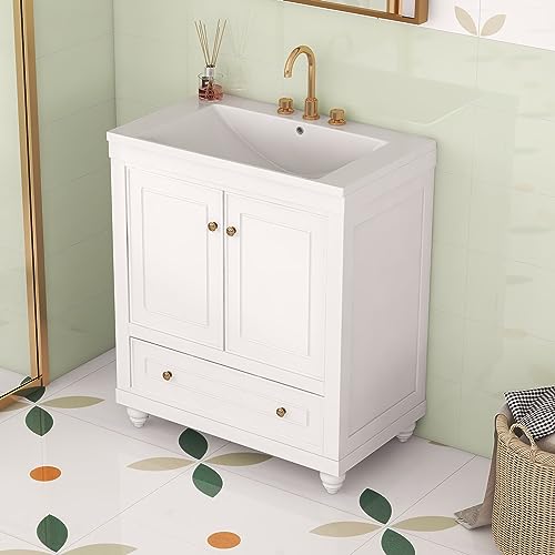 Bellemave 30" Bathroom Vanity with Ceramic Basin Sink, Combo Cabinet Under-Mount Sink, Bathroom Storage Cabinet with 2 Doors and 1 Long Drawer for Bathroom No Mirror (White)