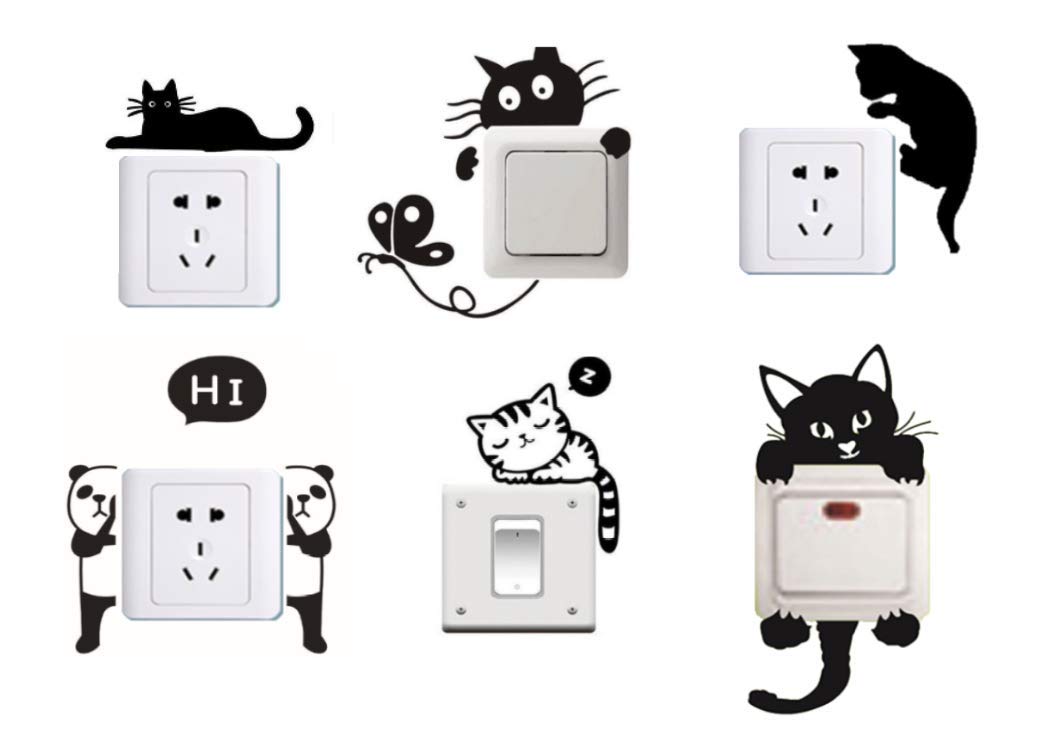 Removable Switch Sticker, 6 Pcs Cute Cats, Panda and Butterfly Cartoon Wall Sticker Decor, Family Light Switch Decals DIY Kids Bedroom Car Office Home Decoration