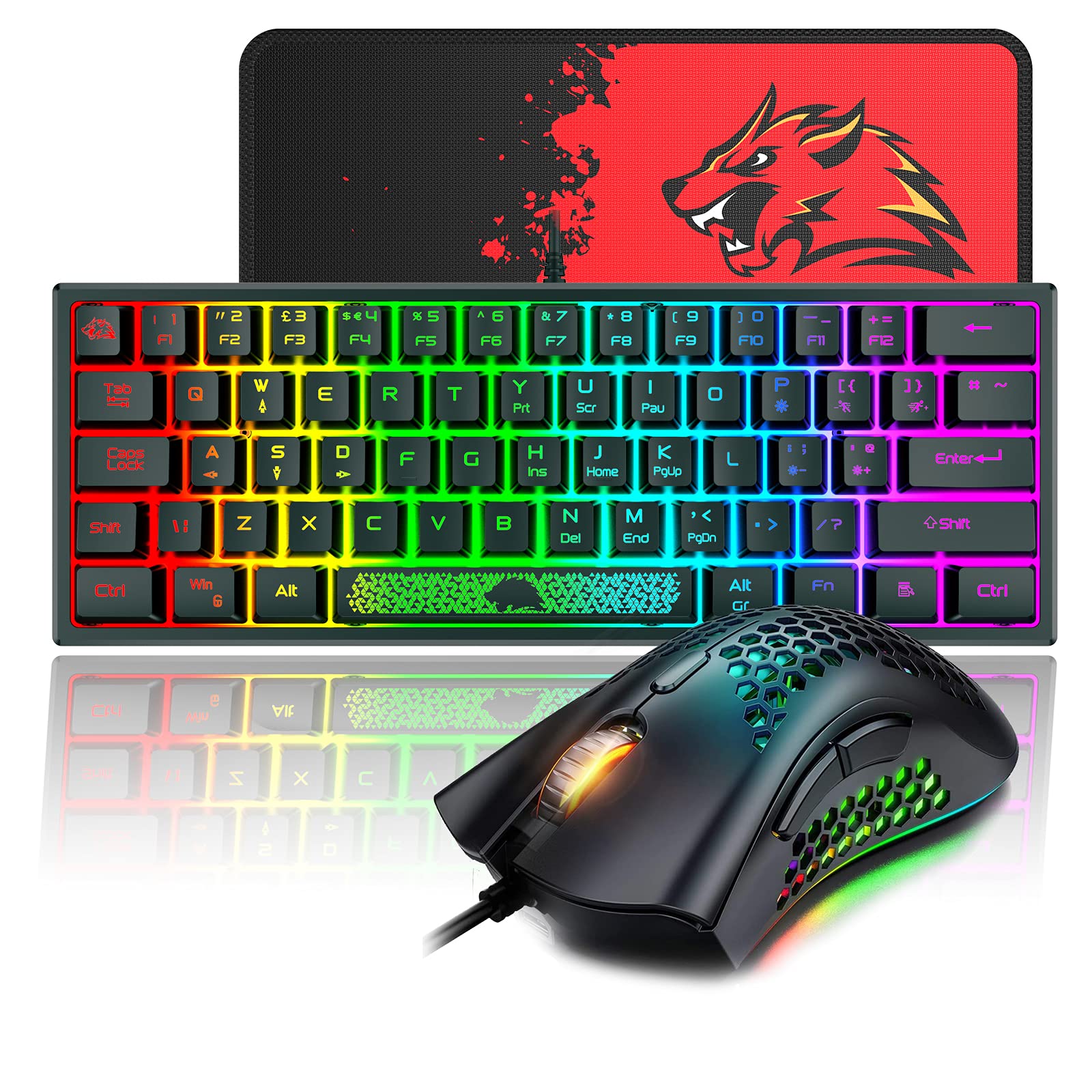 60% Gaming Keyboard and Mouse Combo Samll Mini RGB Backlight Mechanical Feeling and Mechanical RGB 6400 DPI Honeycomb Optical Mouse,Gaming Mouse pad for Gamers and Typists (Green)