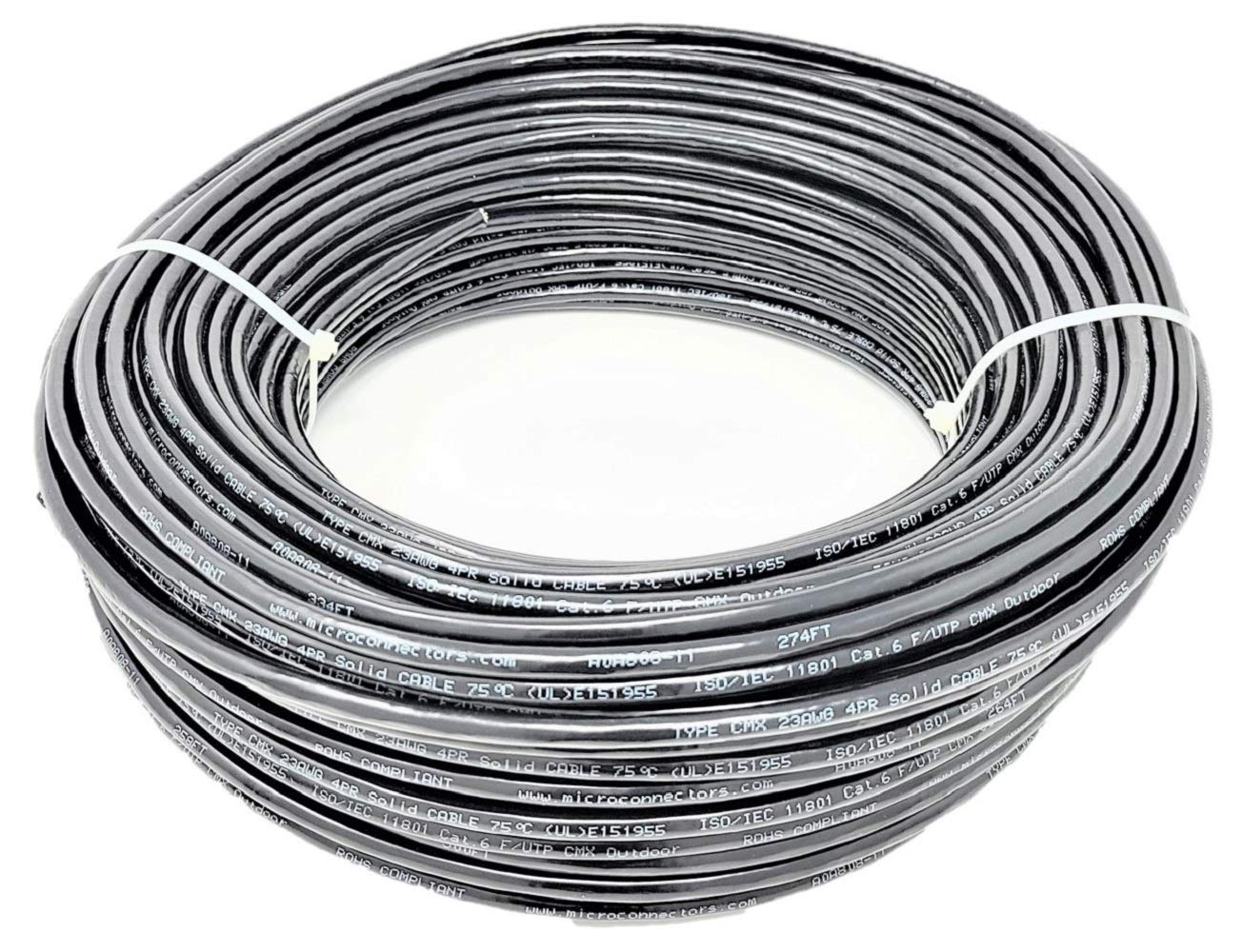 Micro Connectors 250 Feet Cat6 Solid (F/UTP) Outdoor Bulk Ethernet 23AWG Cable (Black) (TR4-560BOU-250)
