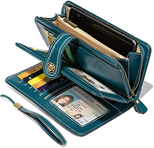 Behaniu Womens Multi Card slots Geniune Leather Wallet with Zipper Pocket Large Capacity RFID Blocking Credit Card Holder for Women (Peafowl Blue), Medium