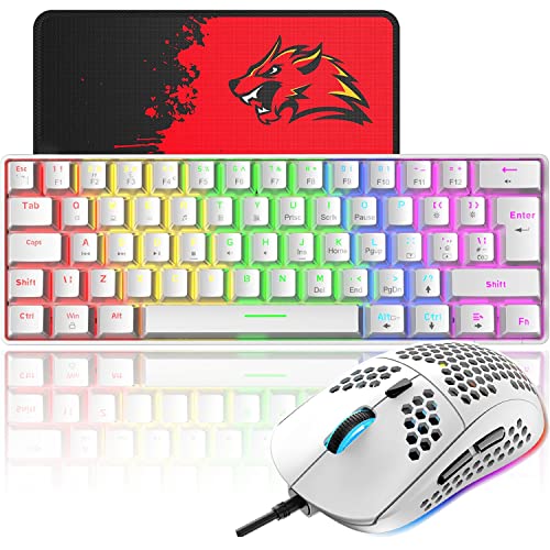 60% Mechanical Gaming Keyboard, Red Switches, Spill Resistant Rainbow LED Backlit Compact TKL Wired Keyboard, Programmable Macro Function RGB Mouse 6400 DPI, For PC Gamers, Office Typists (White)