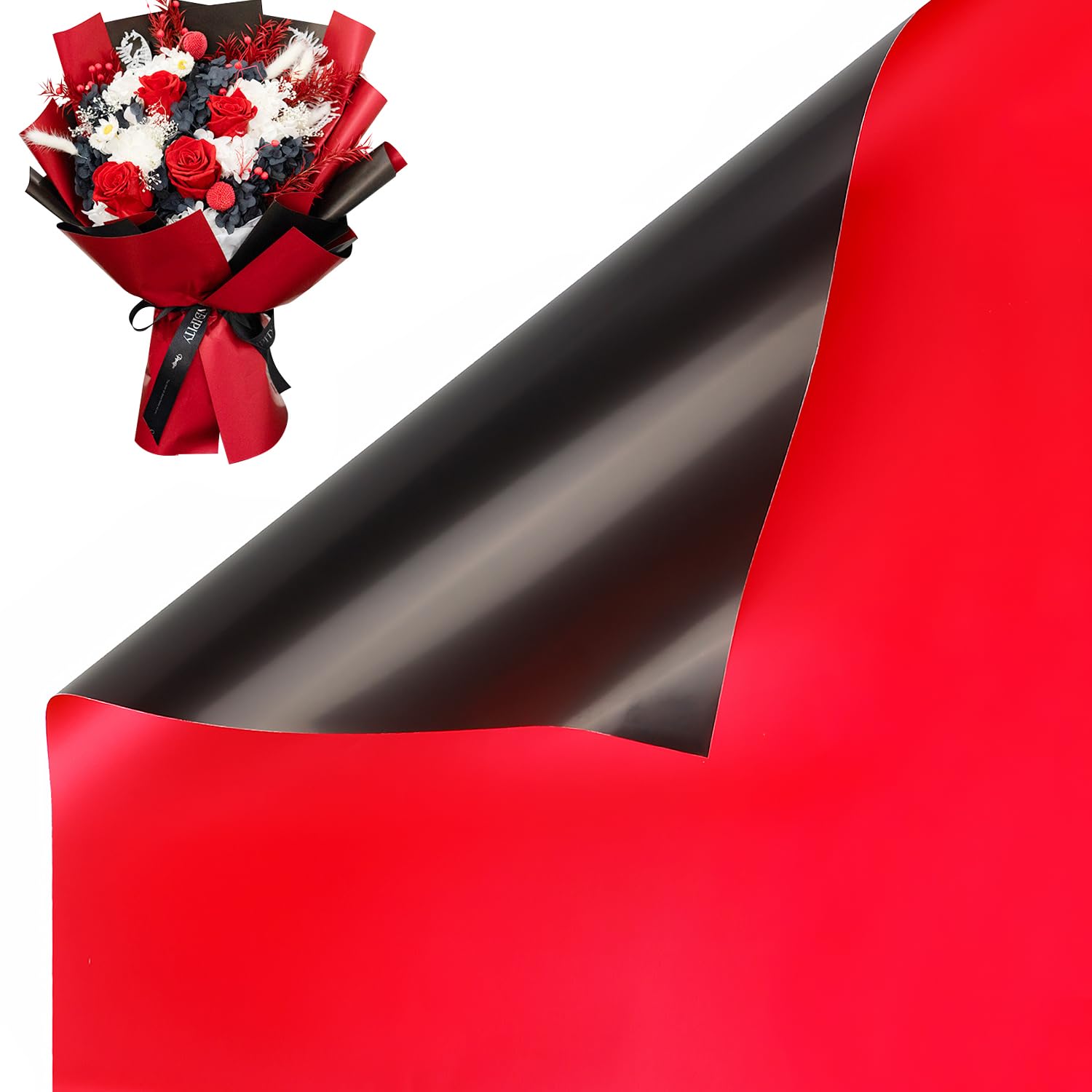 FOIMAS 20 Sheets Flower Wrapping Paper,Waterproof Florist Bouquet Wrapping Paper Supplies for Floral Gift Packaging Craft Supply,Black and Red