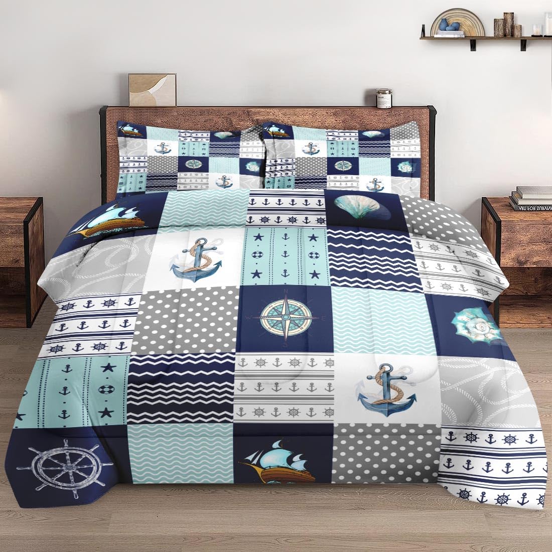WeCozy Comforter Set Queen Size with 2 Pillowcases, Nautical Blue Marine Summer 3 Pcs Bedding Set for Kids and Adults, Sea Ocean Boat Plaid Soft Comforter Set for Bedroom Bed Decor