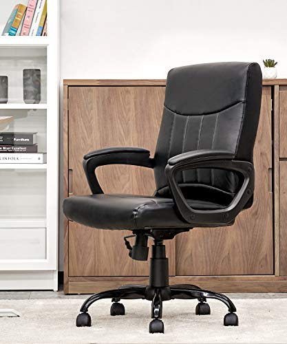 CLATINA Leather Office Executive Chair, Mid Back Computer Desk Chair with Lumbar Support and Padded Armrests, Ergonomic Adjustable Swivel Chair for Home, Black