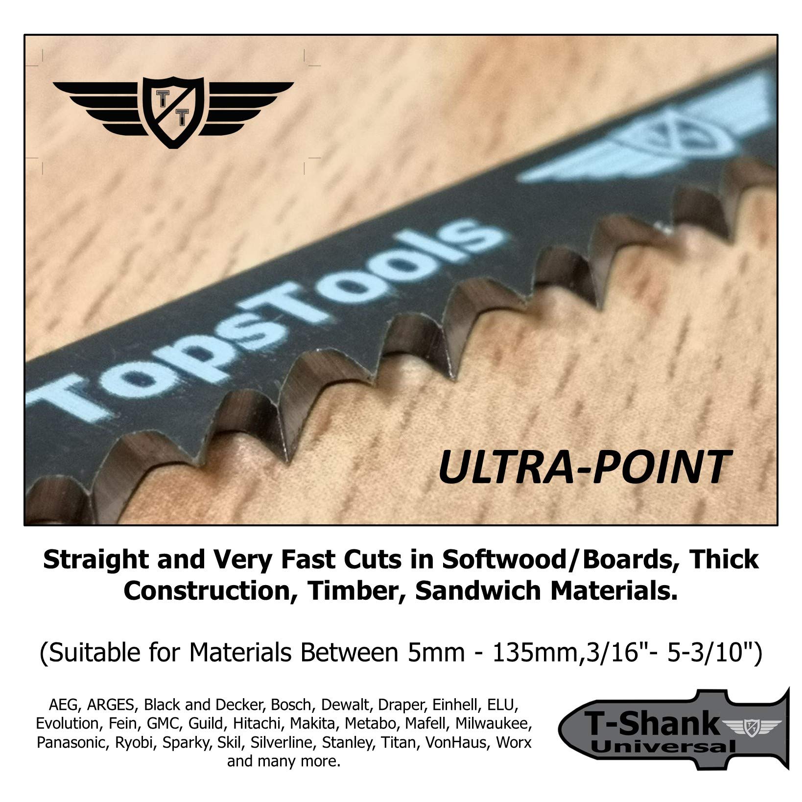 5 x TopsTools JSTT744D T744D 7-1/10" (180mm) Long Clean and Fast Cuts Wood Cutting Jigsaw Blades Compatible with Bosch, Dewalt, Makita, Milwaukee and many more