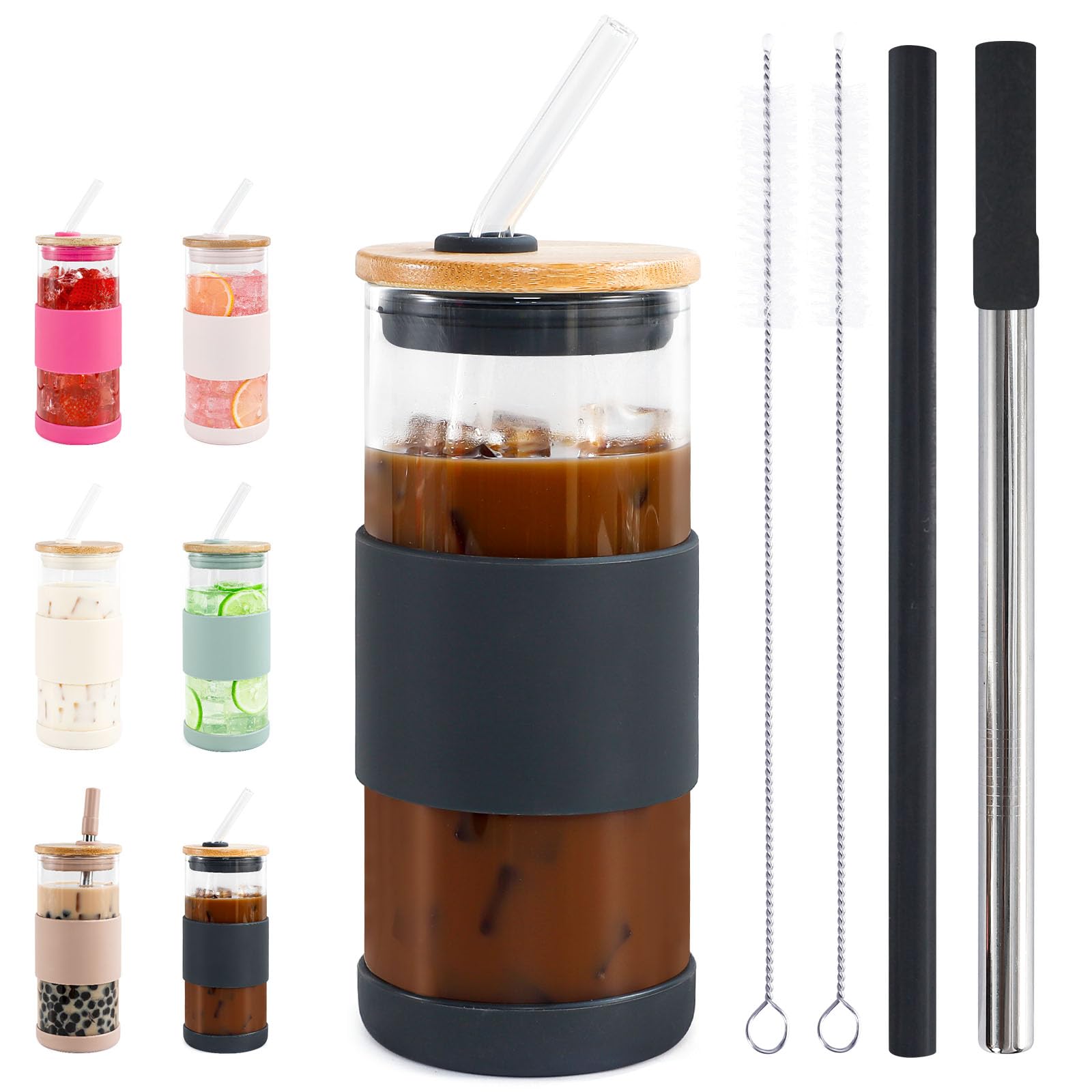 Caperci Glass Cups with Bamboo Lids and Straws - 20 oz Reusable Iced Coffee Cup with 2pcs Cleaning Brushes, Glasses Tumbler Drinking Set for Smoothie, Boba, Idea for On-The-Go(Rose Quartz)