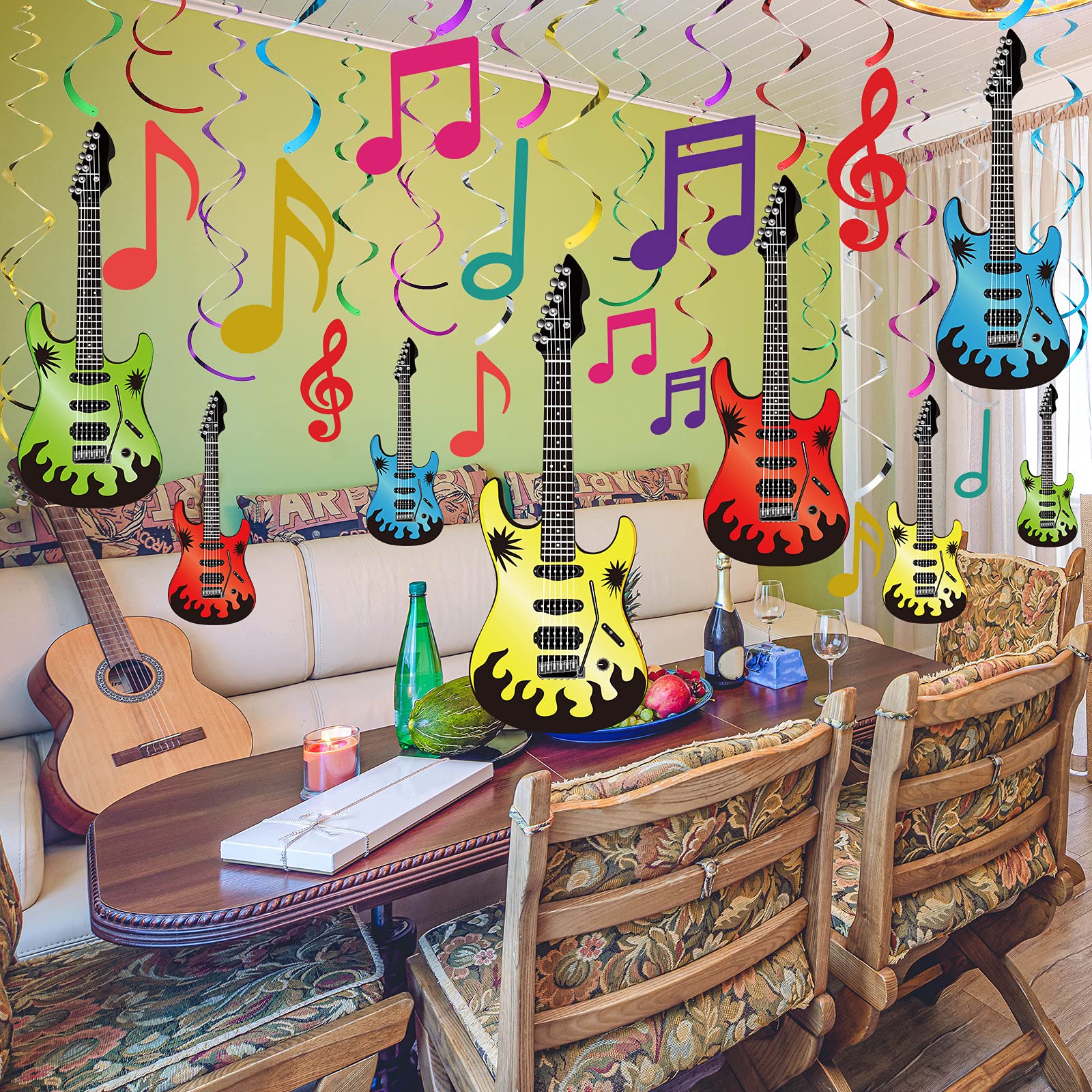 30 Pieces Music Party Decorations, Colorful Music Note Guitar Sign Foil Hanging Swirls Ceiling Streamers for Music Concert Theme Birthday Party Guitar Rock Music Birthday Wedding Party Supplies