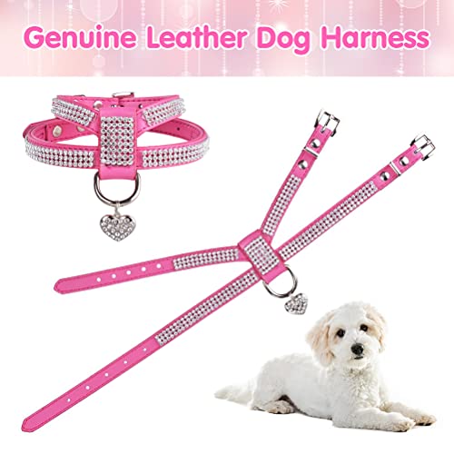 EXPAWLORER Dog Harness Genuine Leather Soft Padded Pet Sparkly Rhinestone Vest with Heart Pendant for Puppy Cat, Pink (S, Pink)