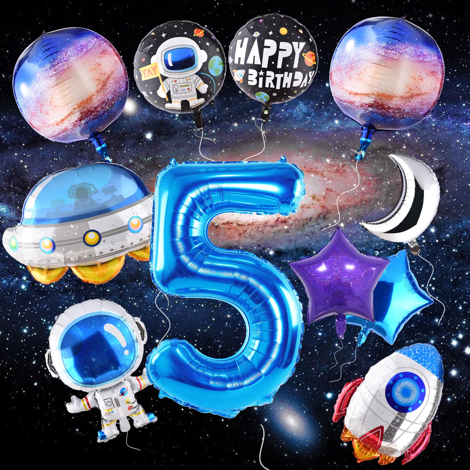 Beyton 11 PCS Space theme Birthday Party Decoration Astronaut Foil Balloons For 5th Outer Space Birthday Party Supplies (Blue-5th)