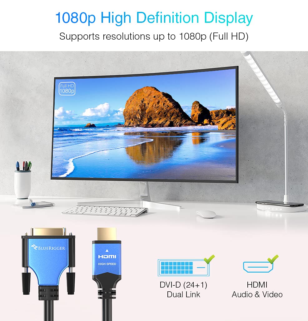BlueRigger HDMI to DVI Cable (6FT, High-Speed, Bi-Directional Adapter Male to Male, DVI-D 24+1, 1080p, Aluminum Shell) - Compatible with Raspberry Pi, Roku, Xbox One, PS5/PS4/PS3, Graphics Card