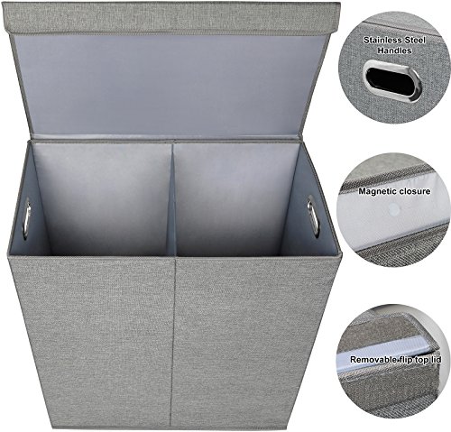 Greenco Double Laundry Hamper w/Lid, Gray | 2 Section/Compartment, Divided, Foldable Hampers | Dirty Clothes/Landry Basket, Bag, Organizer, Storage | Room Organization Accessories, Bedroom Essentials