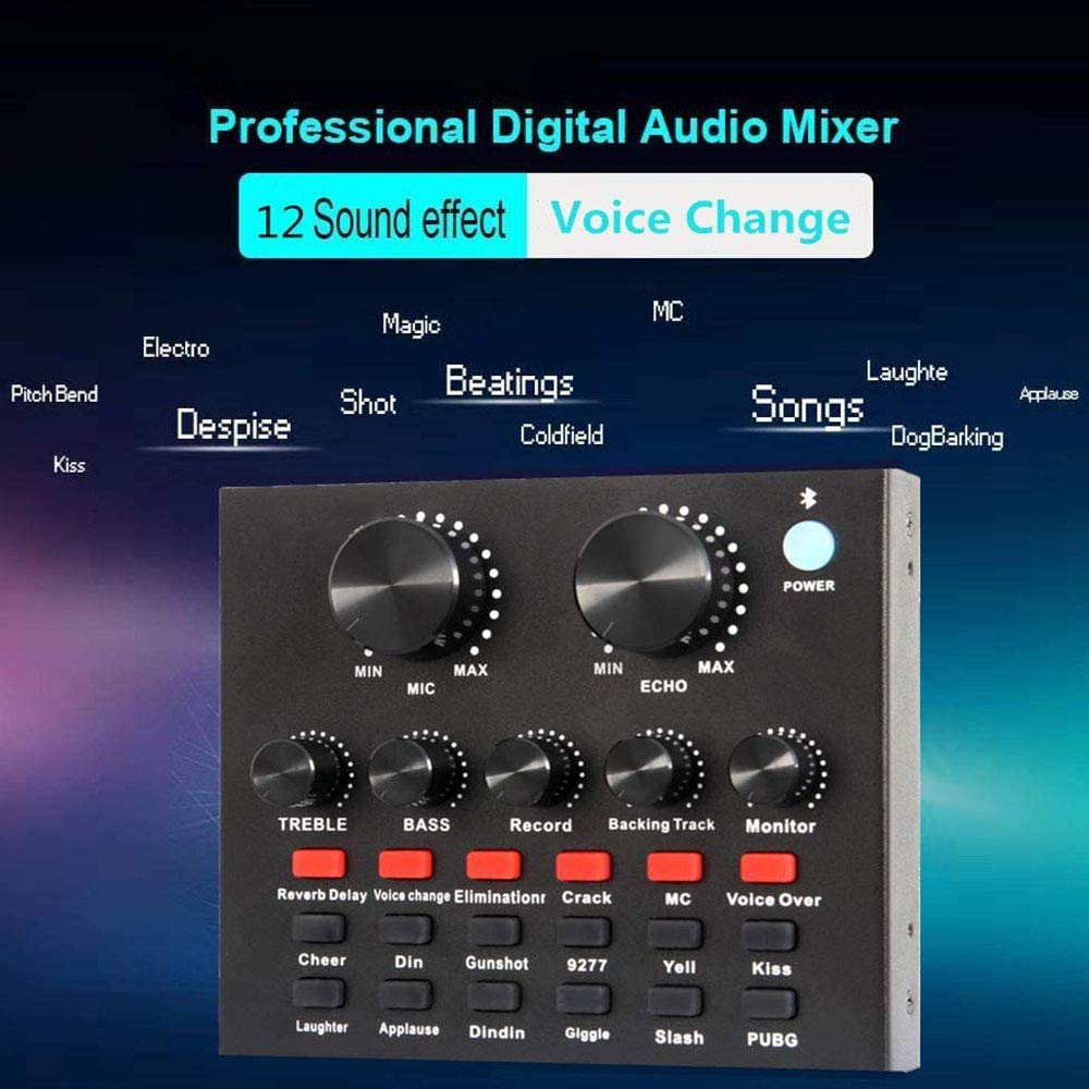 Bluetooth Sound Mixer Board, V8 Sound Card, for Live Streaming with Effects, for Music Recording Karaoke Singing Broadcast on Cell Phone Computer Laptop Tablet