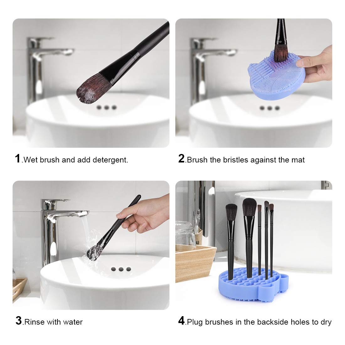 OMSM Brush Cleaning Mat+Color Removal Sponge,2 in 1 Silicone Brush Cleaning Mat with Holder for Storage&Air Dry Brushes,Clean Makeup Brushes Instantly-Blue