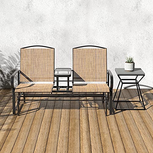 Amazon Basics 2-Person Outdoor Patio Textilene Glider Chair with Tempered Glass Table, 30.3"D x 56.5"W x 36.2"H, Brown